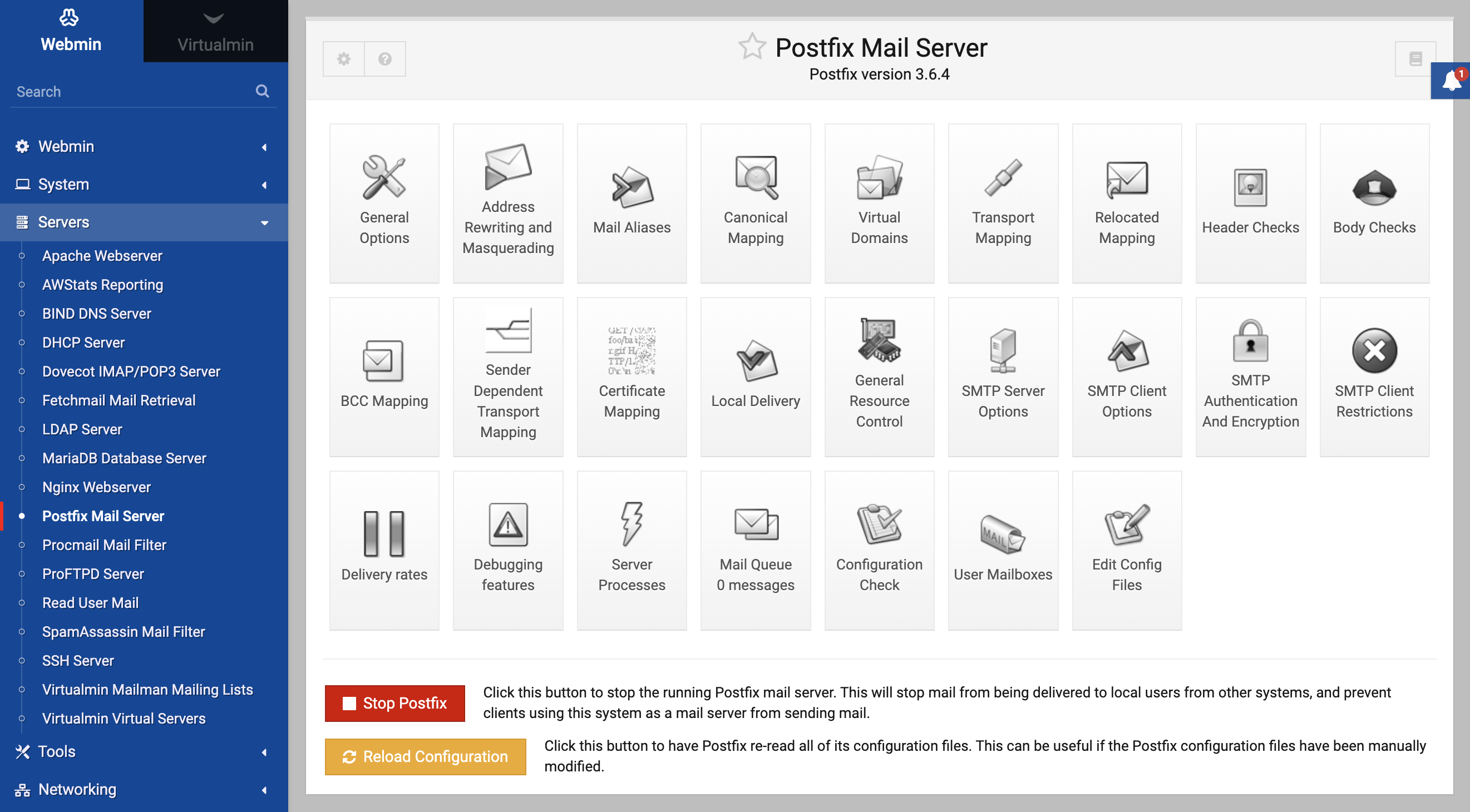 Postfix Mail Server Webmin